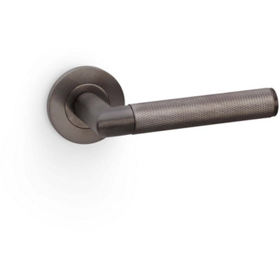 SOLID BRASS Knurled Door Handle Set - Dark Bronze Mitred Lever On Round ...