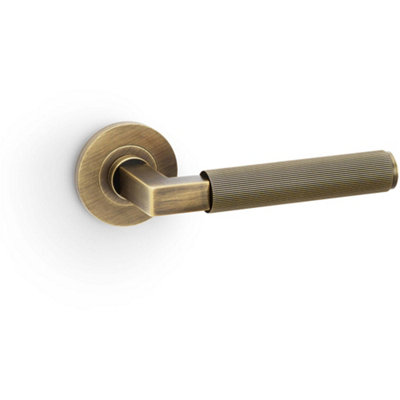 SOLID BRASS REEDED DOOR HANDLE SET - ANTIQUE BRASS ANGLED LEVER ON ...