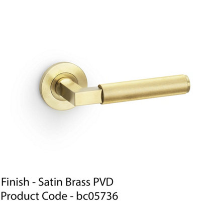 SOLID BRASS REEDED DOOR HANDLE SET - SATIN BRASS ANGLED LEVER ON ROUND ROSE