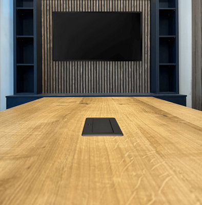 Solid Oak Boardroom Table, Chunky X Legs with Pop UP Power Socket
