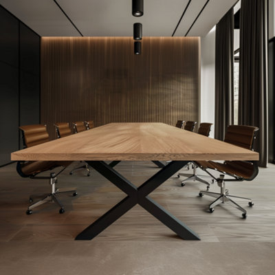 Solid Oak Boardroom Table, Chunky X Legs with Pop UP Power Socket