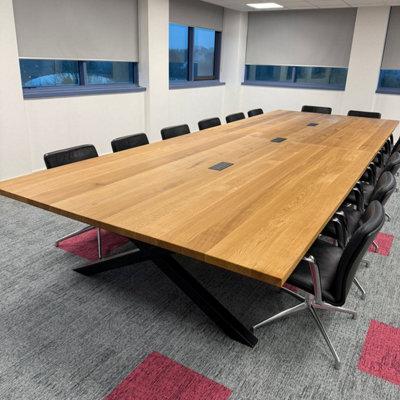 Solid Oak Boardroom Table, Chunky X Legs with Pop UP Power Socket