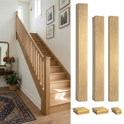 Solid Oak Complete 70mm Square Newel Post Kit Inc Cap's UK Manufactured ...