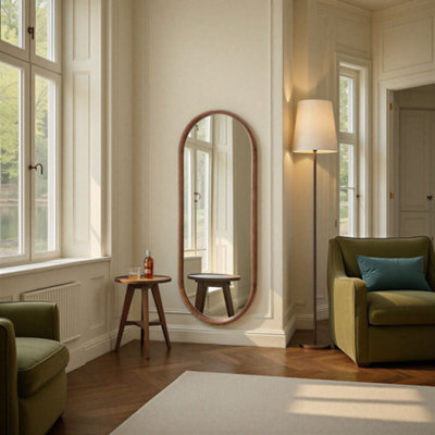 Solid Oak Full Length Oval Warm Wood Wall Mirror