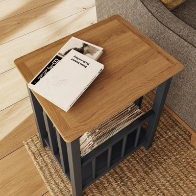 Solid Oak Magazine Rack Table Graphite Blue Ready Assembled