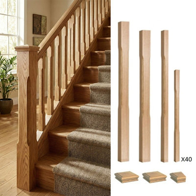 Solid Oak Newel Post Stop Chamfer 90mm and 41mm Spindle Kit UK ...