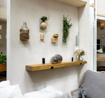 Solid Oak Shelf with Inverted Steel Brackets (60 cm Long)