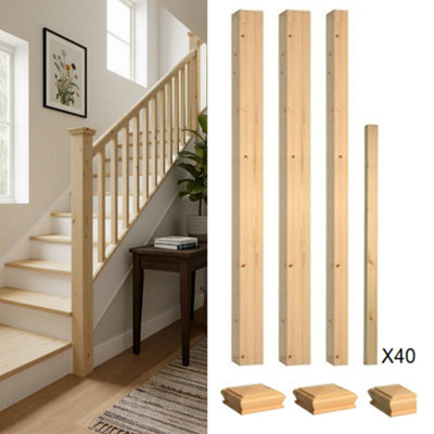 Solid Pine Complete 90mm Square Newel Post and 41mm Spindle Kit UK ...