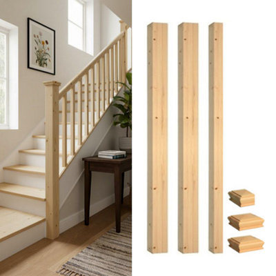 Solid Pine Complete 90mm Square Newel Post Kit Inc Cap's UK ...