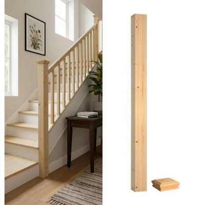 Solid Pine Complete Square Newel Post 90mm x 90mm x 1500mm Inc Cap UK ...
