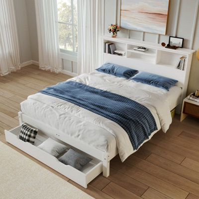 Solid Wood Double Bed Frame with Bed Bookcase Headboard and Underbed ...