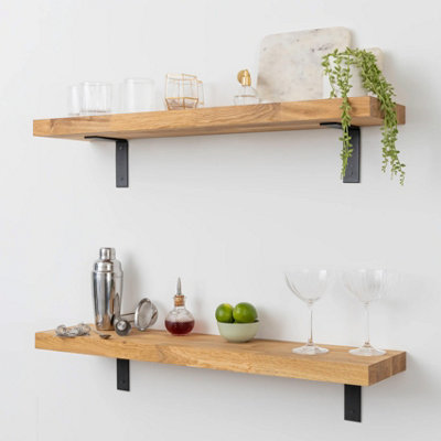 Solid Wood Oak Wall Shelf & Brackets - 300mm x 150mm x 40mm - Wooden ...