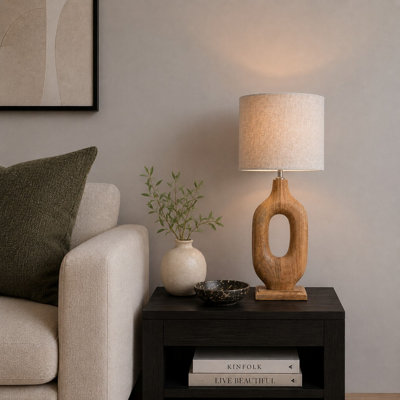 Solid Wood Table Lamp with Fabric Shade Natural Finish Organic Cut Out ...