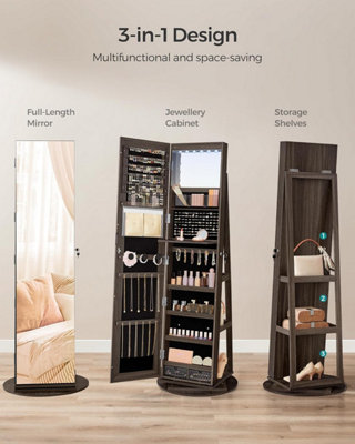 SONGMICS 6 LEDs Mirror Jewellery Cabinet, Swivel Jewellery Organiser ...