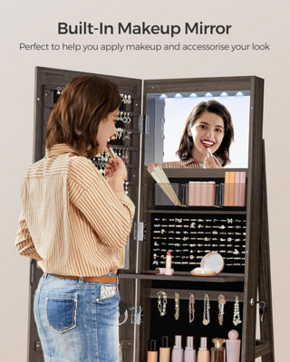 SONGMICS 6 LEDs Mirror Jewellery Cabinet, Swivel Jewellery Organiser ...