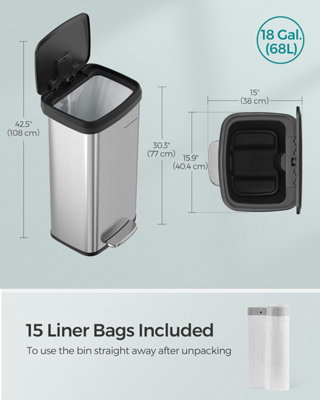 SONGMICS Big Rubbish Bin, Waste Bin, Tall and Large, Metal Waste Pedal ...