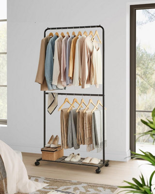 SONGMICS Clothes Rack, Double-Rod Clothes Rail on Wheels, Metal ...