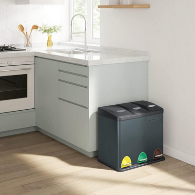 SONGMICS Compact Triple Kitchen Bin, Small Family Waste Sorter, Steel ...