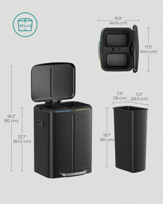 SONGMICS Double Rubbish Bin, 2 Kitchen Bin, Dual Compartment Metal Step ...
