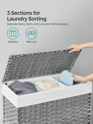 SONGMICS Laundry Basket Handwoven Laundry Hamper 140L Rattan Style Washing Basket With 3 Compartments 66 X
