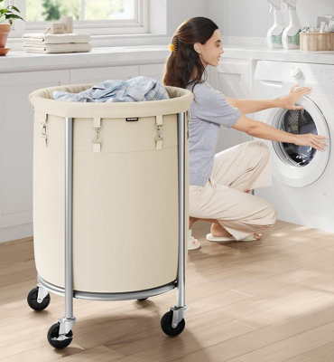 SONGMICS Laundry Basket on Wheels Laundry Trolley Round Laundry Hamper with Steel Frame and Removable Bag