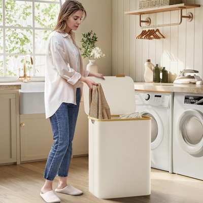 SONGMICS Laundry Basket with Lid 2 Section Large Laundry Hamper Removable Mesh Liner Collapsible Cream White
