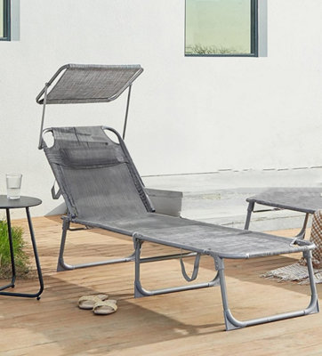 SONGMICS Reclining Sun Chair with Adjustable Backrest Folding Deck Chair Sun Lounger with Sunshade Headrest Greige