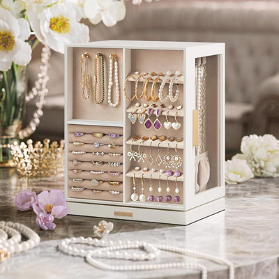 SONGMICS Rotating Jewelry Tower, Five-Drawer Display Case with Glass ...