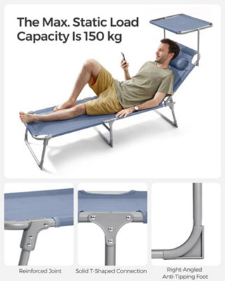 SONGMICS Sun Lounger, Deck Chair Folding, with Sunshade Headrest ...