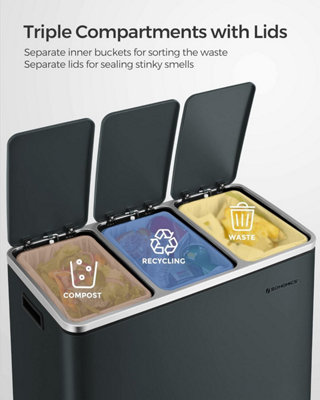 SONGMICS Triple Kitchen Bin, Large Recycling Trash Can, 3-Compartment ...