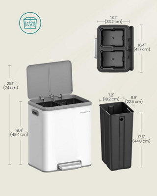 SONGMICS Two-Compartment Kitchen Bin, Steel Rubbish and Recycling ...