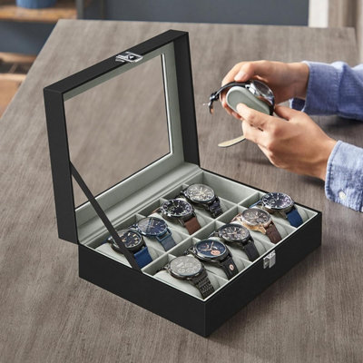 SONGMICS Watch Box with 10 Slots, Watch Case with Glass Lid, Watch ...