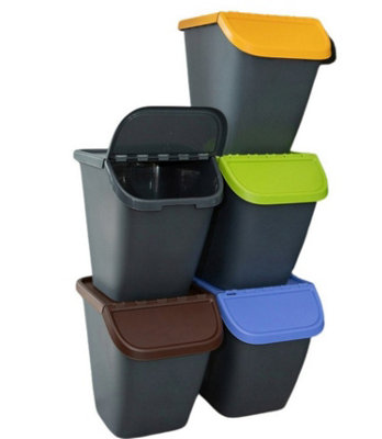 Sorting Waste Bin Recycling 23L Trash Segregation Stackable Lidded Set of 5 Colours