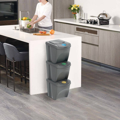 Sorting Waste Bin Recycling Segregation Stackable Lidded Black 3x20L