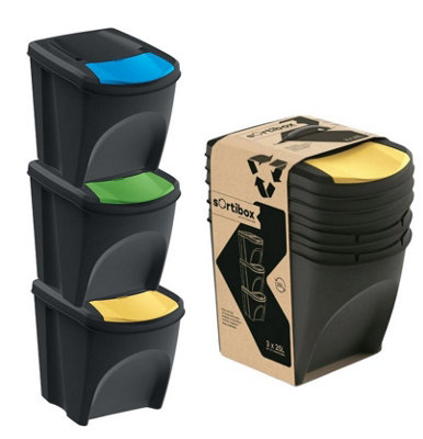 Sorting Waste Bins Recycling Set Segregation Stackable 3 x 25L set Black