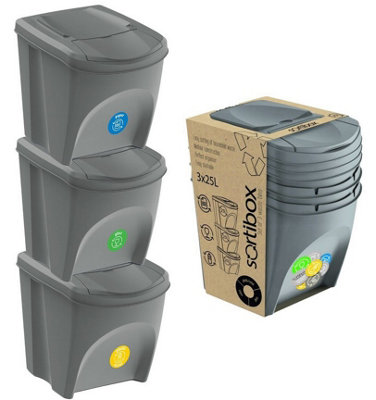 Sorting Waste Bins Recycling Set Segregation Stackable 3 x 25L set Grey