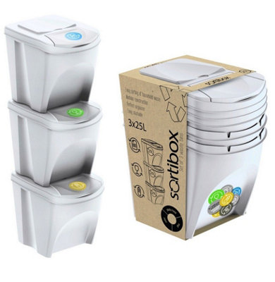 Sorting Waste Bins Recycling Set Segregation Stackable 3 x 25L White