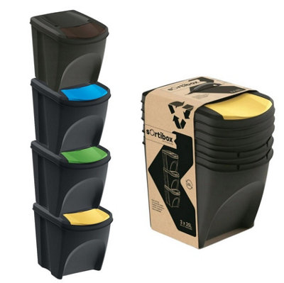 Sorting Waste Bins Recycling Set Segregation Stackable 4 x 25L set Black
