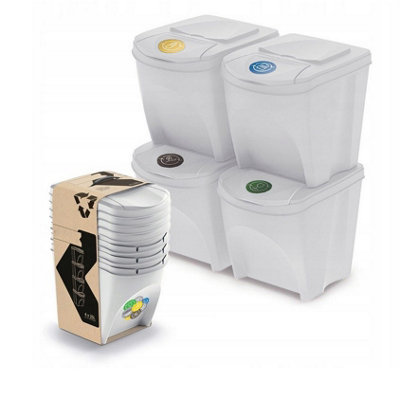 Sorting Waste Bins Recycling Set Segregation Stackable 4 x 25L set White