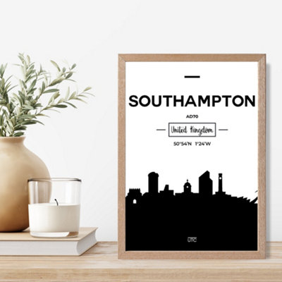 Southampton Black and White City Skyline Framed Print SIZE: A4 with Oak ...