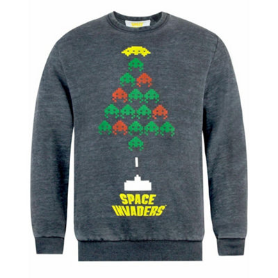 Space Invaders Mens Grey Character Christmas Jumper (Small)