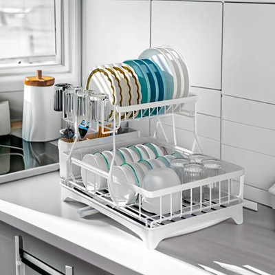 SPACE-SAVING 2-TIER DISH RACK - EXTENDABLE DRAIN PIPE & DETACHABLE CUP ...