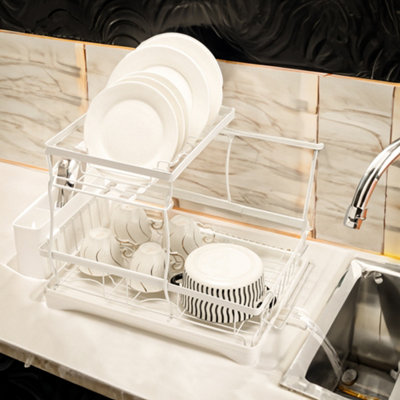 SPACE-SAVING 2-TIER DISH RACK - EXTENDABLE DRAIN PIPE & DETACHABLE CUP ...