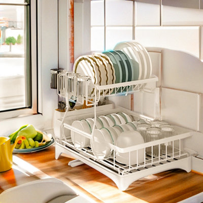 SPACE-SAVING 2-TIER DISH RACK - EXTENDABLE DRAIN PIPE & DETACHABLE CUP ...