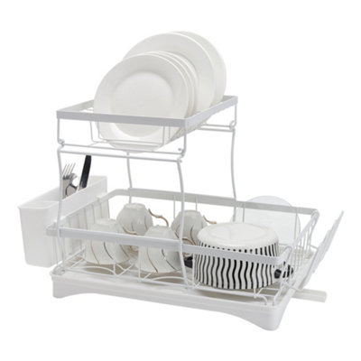 SPACE-SAVING 2-TIER DISH RACK - EXTENDABLE DRAIN PIPE & DETACHABLE CUP ...