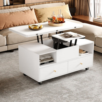 Space-Saving Lift-Top Coffee Table with 4 Drawers, Wheels & Extendable ...