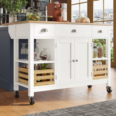 Spacious Rolling Kitchen Island Trolley with 3 Drawers, Large Cabinet ...