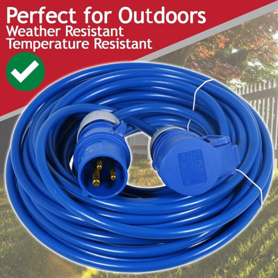 SPARES2GO 16A Extension Lead 14m 240V 1.5mm Extra Long Blue Power Cable + 2 x 16 Amp Splitter Kit