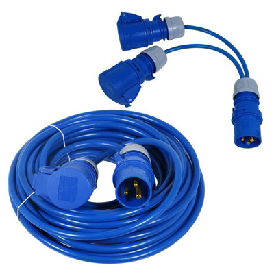 SPARES2GO 16A Extension Lead 14m 240V 2.5mm Heavy Duty Blue Power Cable + 2 x 16 Amp Splitter ...