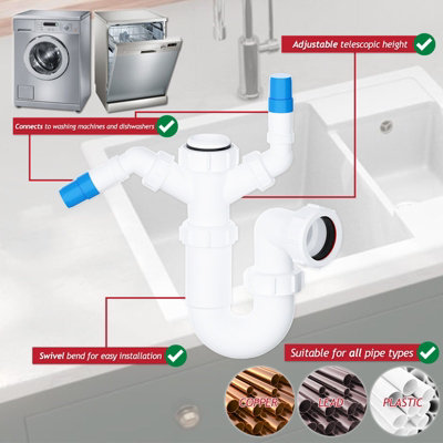SPARES2GO 40mm Sink Trap Double Nozzle Washing Machine Dishwasher 75mm ...
